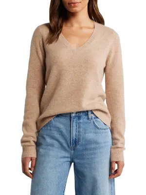 Caslon Cashmere V-neck Sweater - Tan Camel Dark Heather