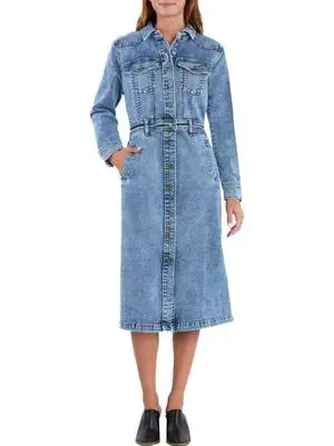 WASH LAB DENIM Western Long Sleeve Midi Shirt Dress - Vintage Blue