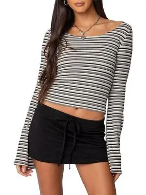 EDIKTED Lilia Stripe Flare Sleeve Cropped Top - Mix