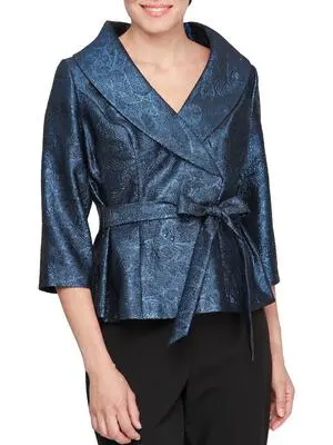 Alex Evenings Metallic Jacquard Faux Wrap Top - Royal
