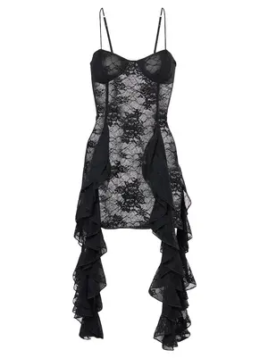 Oseree Ruffled Lace Minidress - Black
