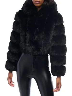 AZALEA WANG Jolene Crop Faux Fur Hooded Jacket - Black
