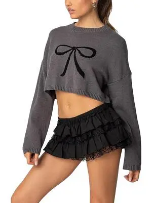 EDIKTED Knit Bow Cropped Sweater - Gray