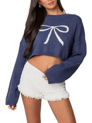 EDIKTED Knit Bow Cropped Sweater - Navy