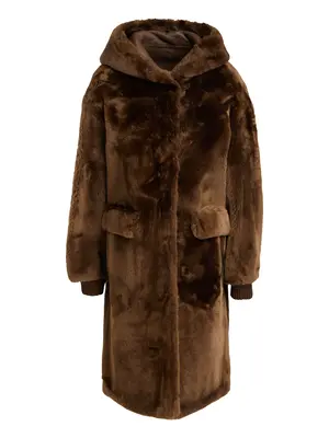 YVES SALOMON Shearling Hooded Coat Brown