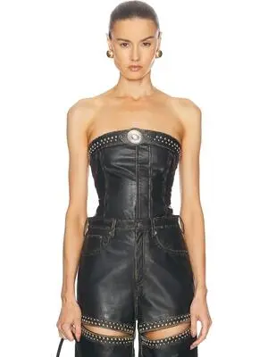 AREA Studded Leather Strapless Top - Black