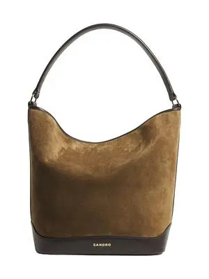 Sandro Suede-Leather Bucket Bag Beige