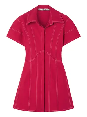 TOLU COKER Paneled Topstitched Denim Mini Shirt Dress - Red