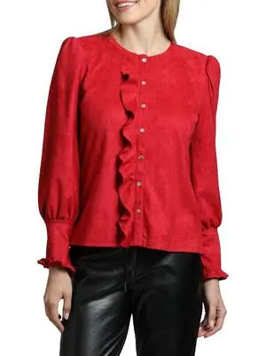 APNY Ruffle Faux Suede Button-up Shirt - Red