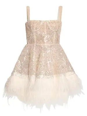 BRONX BANCO Bronx And Banco Mademoiselle Beaded Feather-trim Mini Dress - White
