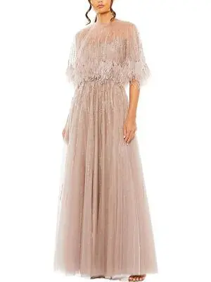 Mac Duggal Embellished A-line Gown With Feather Cape - Mocha