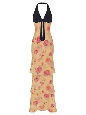 RASARIO Bow-detailed Chiffon & Velvet Maxi Dress - Yellow