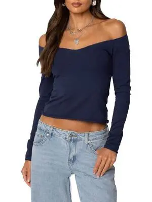 EDIKTED Off The Shoulder Long Sleeve Top - Navy