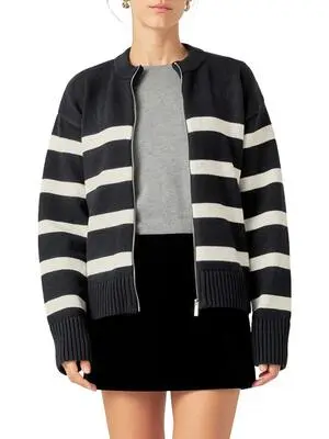 English Factory Stripe Zip-up Cardigan - Black/ Ivory