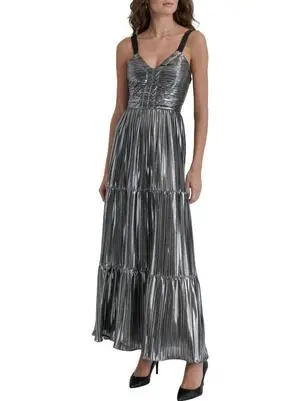 Dkny Foil Plissé Sleeveless Maxi Dress - Silver