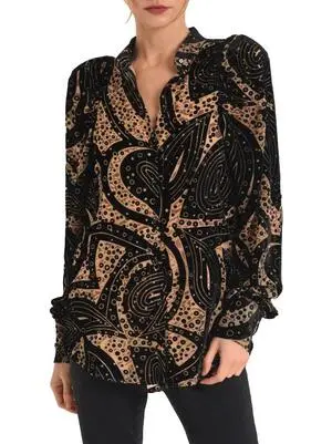 CIEBON Sadie Mixed Print Burnout Velvet Button-up Shirt - Black Multi