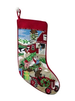 LANDS' END Needlepoint Christmas Stocking Farming Holiday