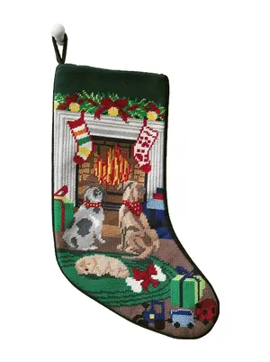 LANDS' END Needlepoint Christmas Stocking Merry Dog