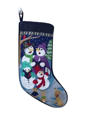LANDS' END Needlepoint Christmas Stocking Singing Snowmen