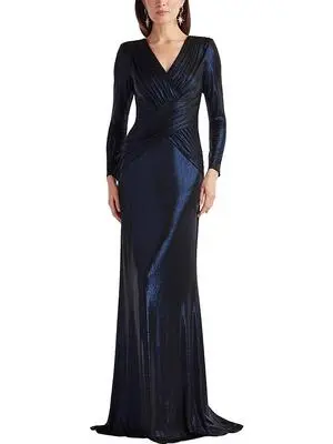 Tadashi Shoji Esau Metallic Crisscross Draped Gown - Navy