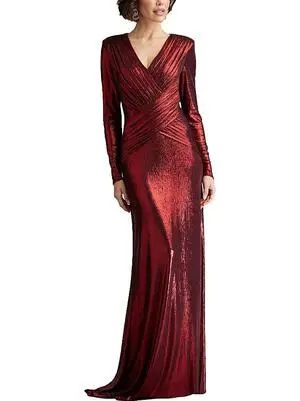 Tadashi Shoji Esau Metallic Crisscross Draped Gown Red