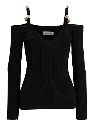 NICHOLAS Cold-shoulder Ribbed-knit Top - Black