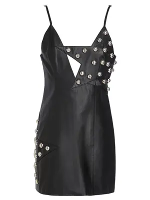 AREA Cutout Studded Leather Mini Dress - Black