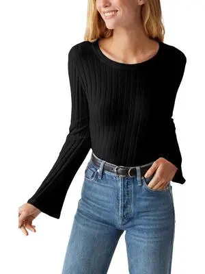 Michael Stars Valerie Rib Bell Sleeve Cotton Blend Knit Top - Black