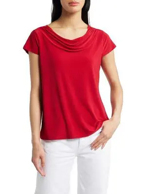 KASPER Cap Sleeve Cowl Neck Top - Fire Red