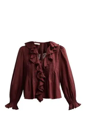 DÔEN Hardy Pintuck Cotton Ruffle V-neck Blouse - Dahlia