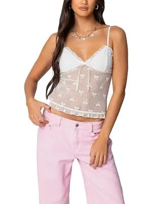 EDIKTED Polka Dot & Bow Sheer Tank Top - White