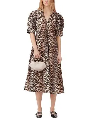 GANNI Cotton Poplin V-neck Maxi Dress - Leopard