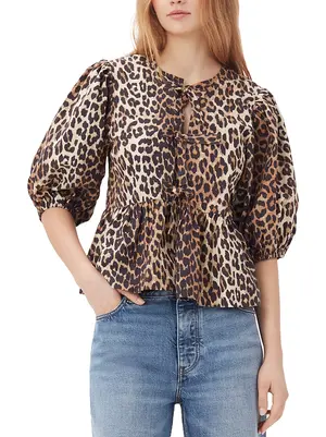 GANNI Tie Front Peplum Blouse - Leopard