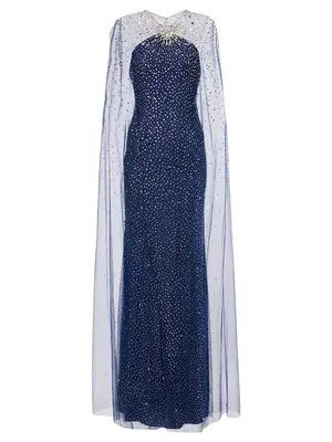 Jenny Packham Embellished Caped Gown - Blue