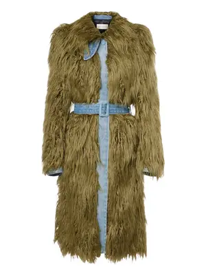 Dries Van Noten Faux Fur-trimmed Denim Coat - Green