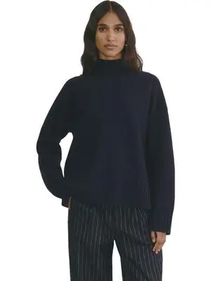 Everlane Honeycomb Funnel Neck Wool-Cashmere Sweater Navy