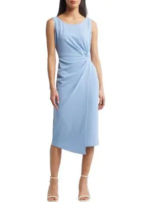 CONNECTED APPAREL Connected Apparel Side Knot Sleeveless Sheath Midi Dress Light Blue
