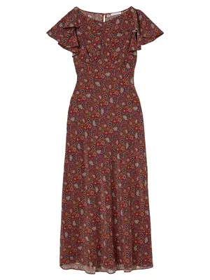 DÔEN Beatriz Ruffled Printed Silk Crepe De Chine Midi Dress - Red