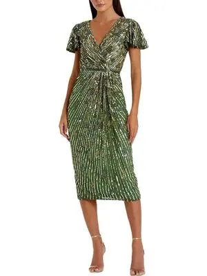 Mac Duggal Embellished Faux Wrap Flutter Sleeve Dress - Sage