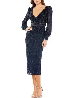 Mac Duggal Sequined V-neck Bishop Sleeve Midi Dress - Midnight