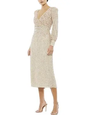 Mac Duggal Sequined V-neck Bishop Sleeve Midi Dress - Nude