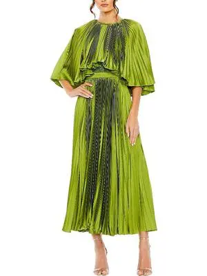 Mac Duggal Pleated Caplet Tea-length Gown - Apple Green