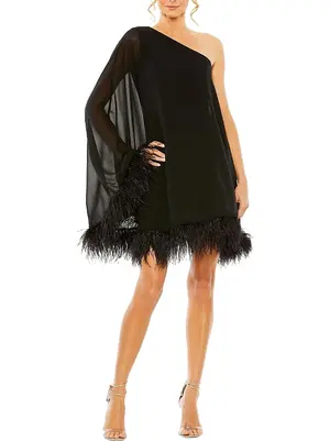Mac Duggal One-shoulder Feather Trim Trapeze Dress - Black