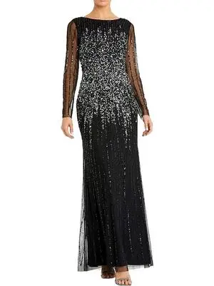 Mac Duggal High Neck Sequin Embellished Long Sleeve A-line Gown - Black
