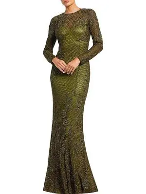 Mac Duggal Mac Duggal Long Sleeve Embellished Evening Gown Olive