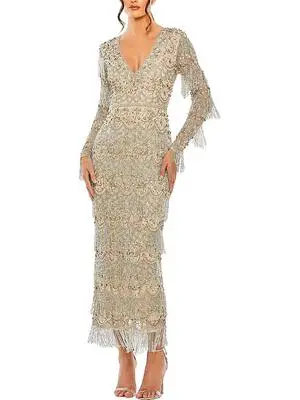 Mac Duggal V-neck Beaded Fringe Dress - Nude Silver