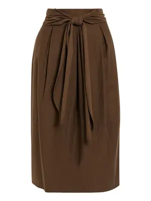 Vince Belted Pleated Cotton And Wool-blend Twill Midi Skirt - Brown