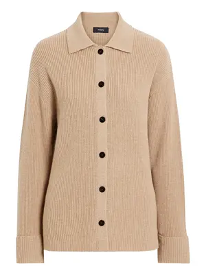 Theory Ribbed Merino Wool And Cashmere-blend Cardigan - Sand