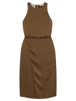 Theory Crinkled Wrap-Effect Satin Midi Dress Brown