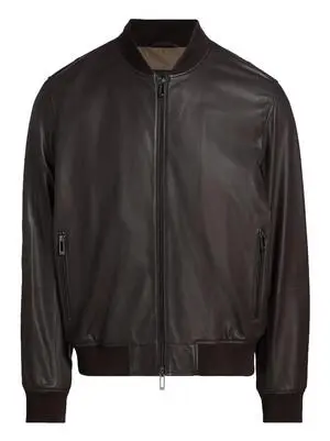 Emporio Armani Leather Bomber Jacket Brown